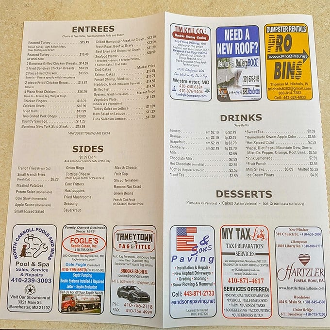 This menu isn't just a list of food&mdash;it's a roadmap to happiness. Notice how "DESSERTS" gets its own special section? They know what matters.