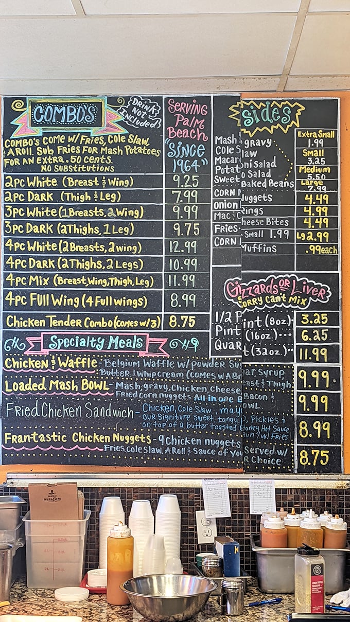 The colorful chalkboard menu is like a treasure map where X marks the spot for crispy, golden happiness.