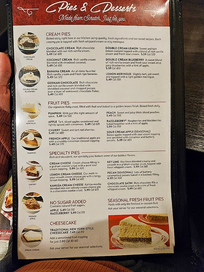 The pie menu reads like poetry for your taste buds, with each description promising a different path to dessert nirvana.