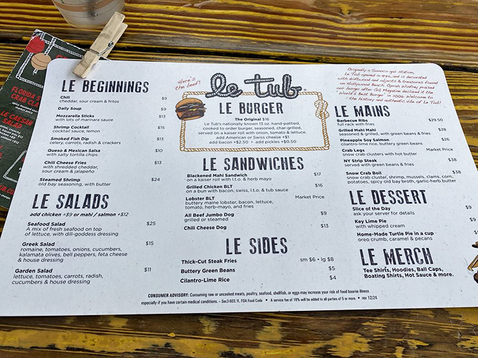 A menu that cuts to the chase. No fancy descriptions needed when your burger has already achieved legendary status among Florida's food faithful.