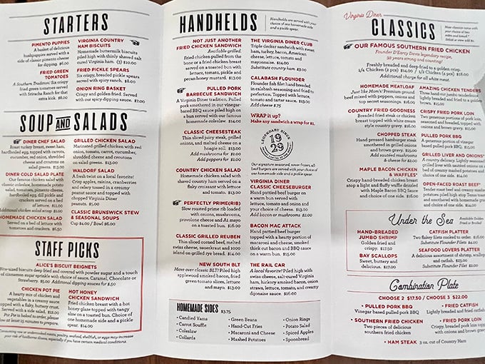 This isn't just a menu&mdash;it's a roadmap to happiness. Each section promises Southern comfort that generations of Virginians have treasured.