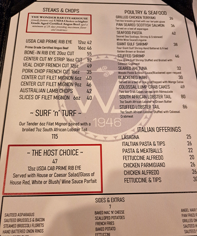 This menu isn't just a list of options&mdash;it's a roadmap to carnivorous bliss. The "Host Choice" prime rib is calling your name.