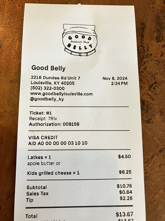 This receipt tells the story of someone who knows the secret to happiness: latkes, grilled cheese, and proper tipping.