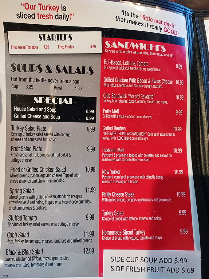 A menu that proudly announces "Our Turkey is sliced fresh daily!" because some truths are too important to whisper.