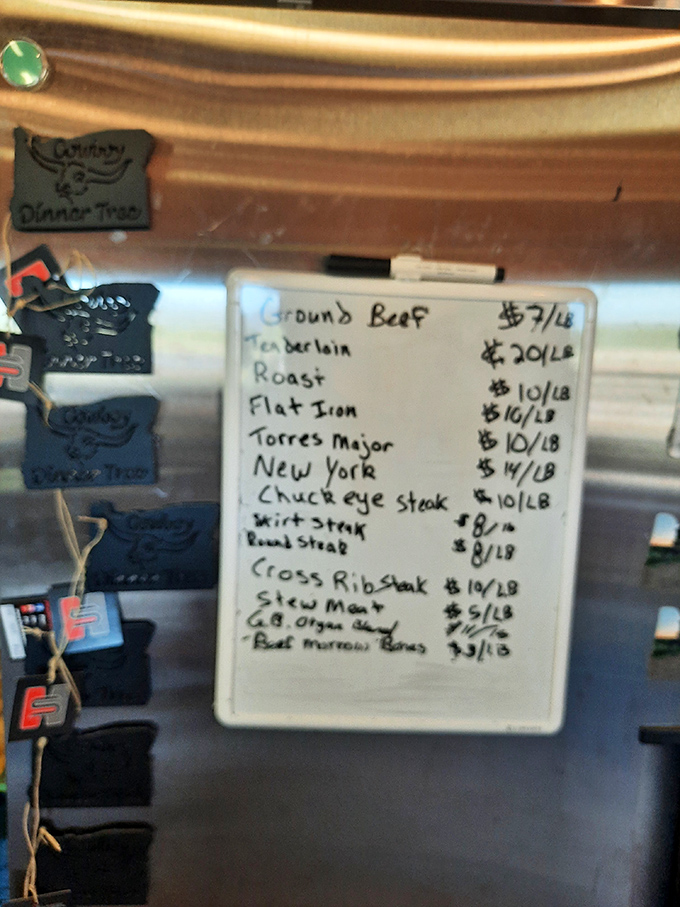 No fancy QR code menus here&mdash;just straightforward beef options scrawled on a whiteboard. Sometimes the simplest choices yield the greatest rewards.