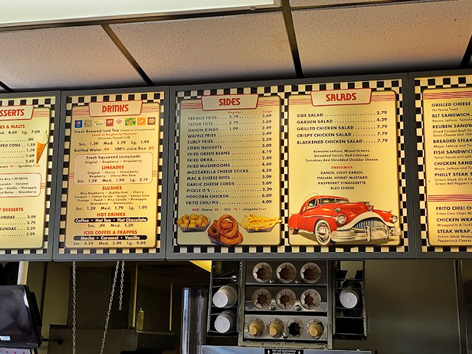 Menu boards that don't need smartphone apps to navigate&mdash;just good old-fashioned American classics with a vintage car to guide you home.