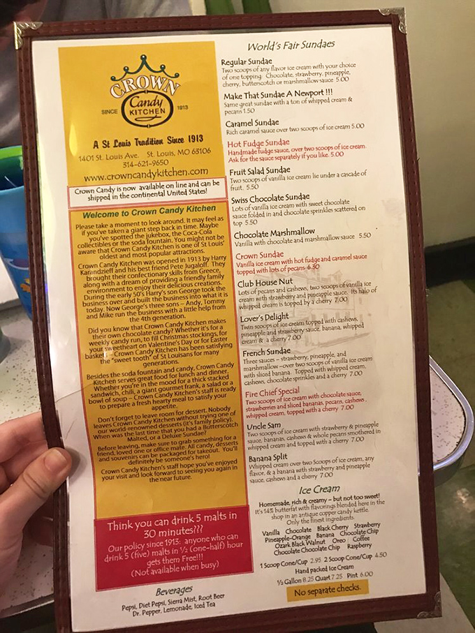 The menu reads like a time capsule of American comfort food classics and ice cream creations that defy modern portion control.