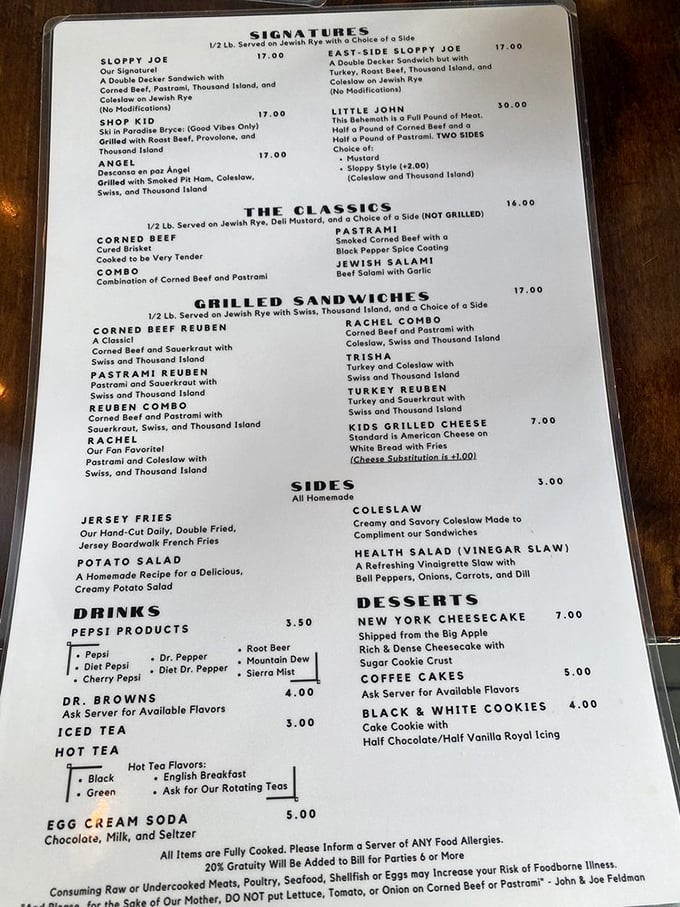 This menu isn't just a list&mdash;it's a declaration of sandwich independence. The "Little John" contains a pound of meat, proving Utah understands irony.