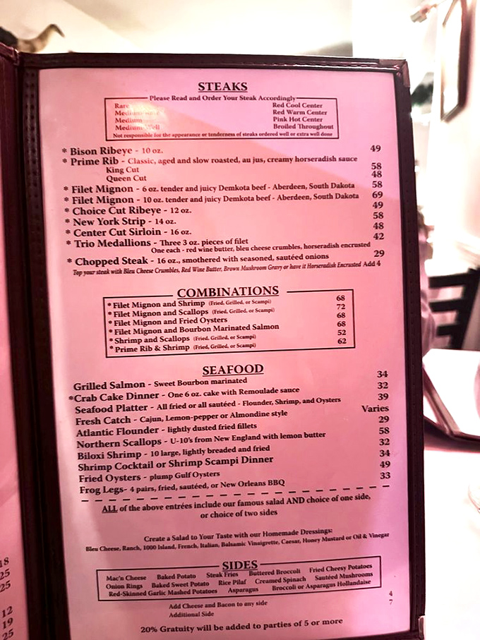 No fancy QR codes here&mdash;just honest menu descriptions that get right to the point. The steak temperature guide alone is worth framing.