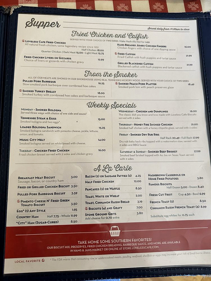 This menu isn't just a list of food&mdash;it's a roadmap to happiness. The "Weekly Specials" section reads like poetry to hungry travelers.