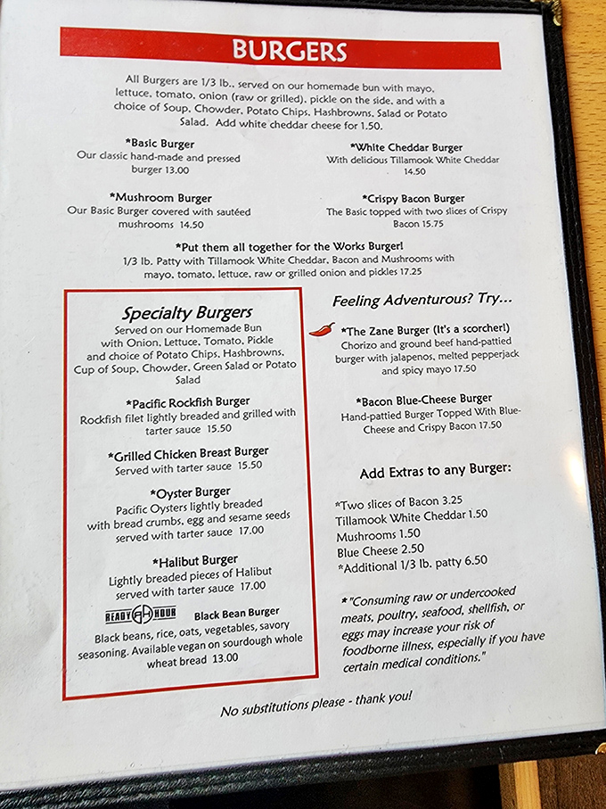 The menu reads like a love letter to comfort food classics, with seafood options reminding you the Pacific is just minutes away.