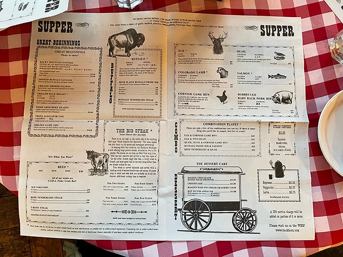 The menu itself is a historical document, featuring game meats that would make your pioneer ancestors nod in approval while reaching for their napkins.
