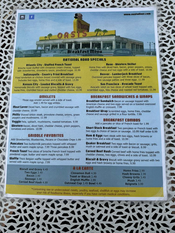 This menu reads like a roadmap to happiness. The "National Road Specials" aren't just breakfast&mdash;they're edible geography lessons served with a side of nostalgia.