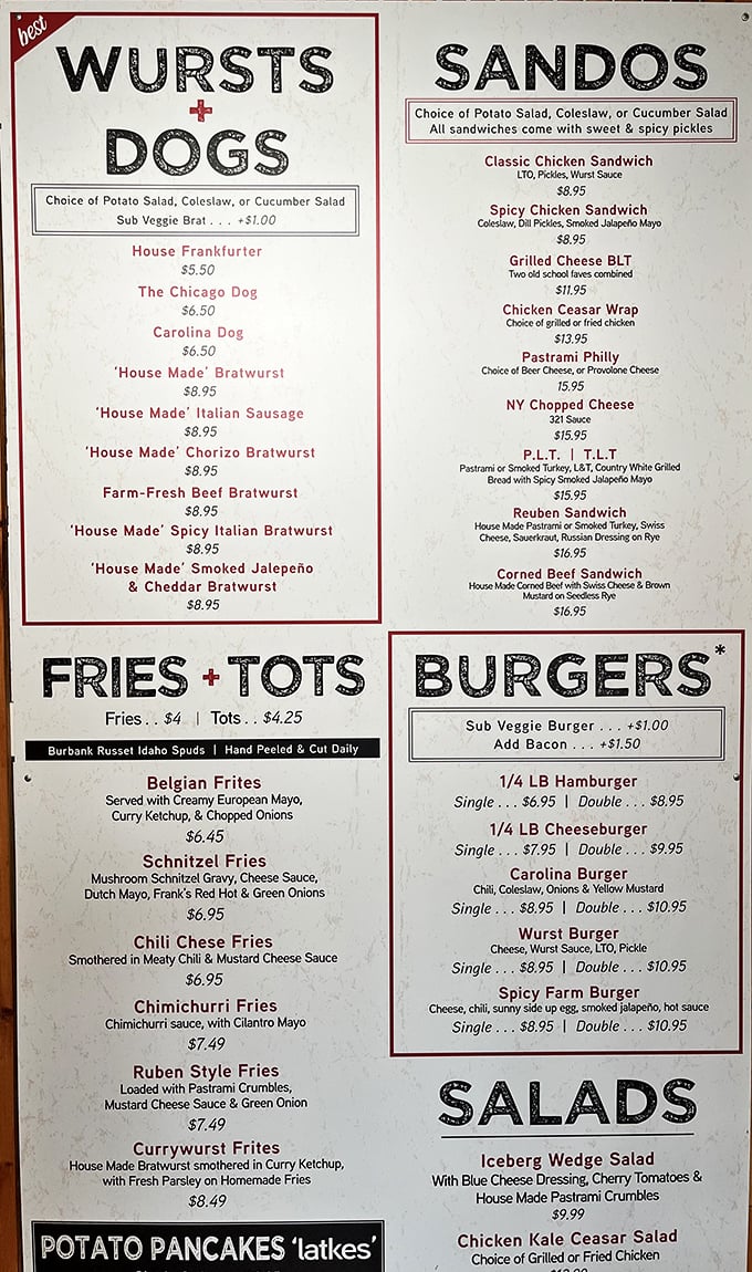 A menu that reads like poetry to the hungry. House-made sausages, creative sandwiches, and sides that deserve their own fan club.