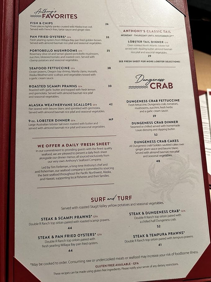 A menu that reads like seafood poetry. Anthony's "Fresh Sheet" commitment ensures Pacific Northwest treasures arrive at your table with frequent flyer miles still accumulating.