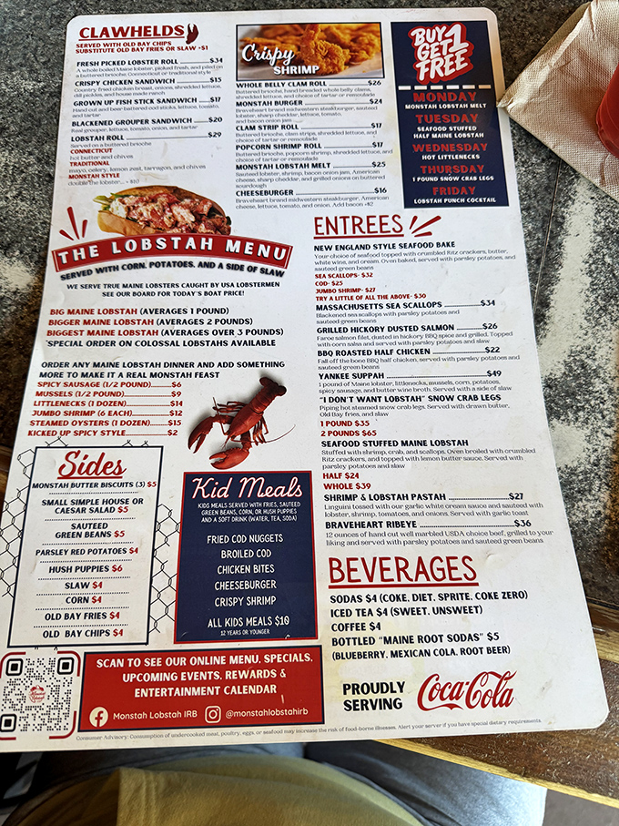 A menu that reads like a love letter to New England seafood. The "I Don't Want Lobstah" section always makes me chuckle.