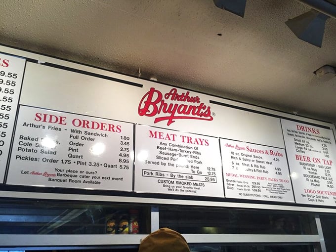 The menu board at Arthur Bryant's tells no lies&mdash;just straightforward promises of meat trays, sides, and sauce that's been perfecting its recipe since Calvin Coolidge was president.