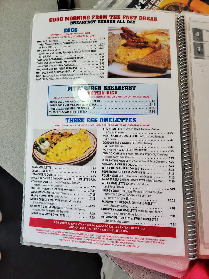 A menu that requires both reading glasses and an empty stomach. Breakfast served all day is America's greatest contribution to civilization, right after jazz and the remote control.