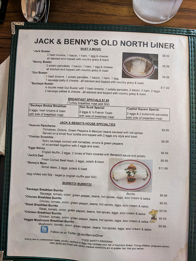 This menu isn't just a list of options—it's a roadmap to happiness with landmarks like the "Buckeye Buster" and "Chorizo Breakfast Burrito."