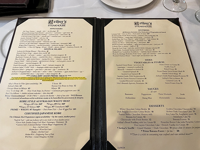 The menu at Arthur's reads like a love letter to carnivores. Yellow highlighting draws your eyes to the star attractions.