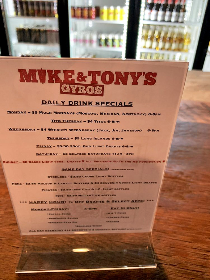 The drink specials menu reveals Mike & Tony's secret identity: part Greek eatery, part Pittsburgh sports sanctuary, with something for every day of the week.