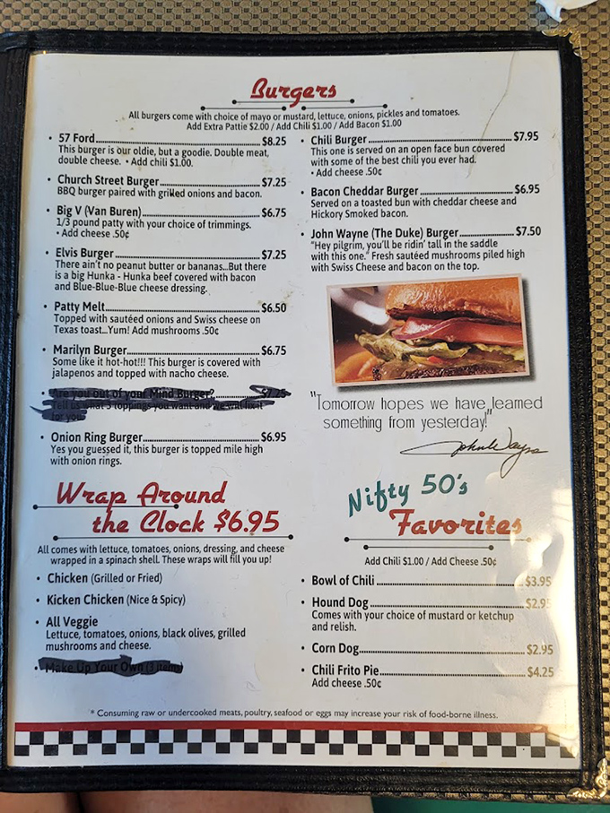 This isn't just a menu&mdash;it's a passport to simpler times. The Elvis Burger and John Wayne Burger prove food tastes better with a side of nostalgia.