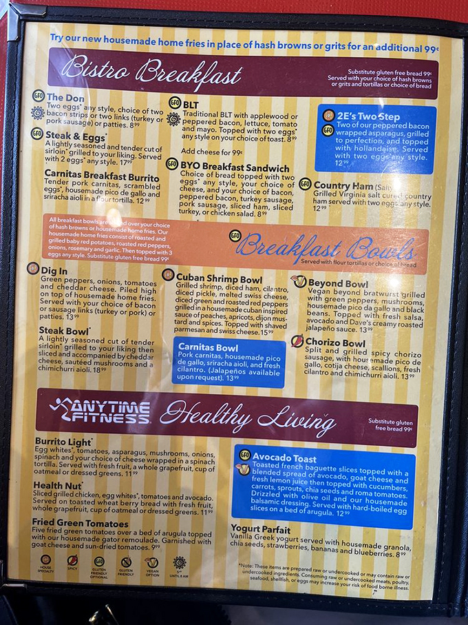 A menu that reads like a love letter to morning meals. Each description promises a culinary adventure that makes hitting the snooze button seem like a criminal offense.