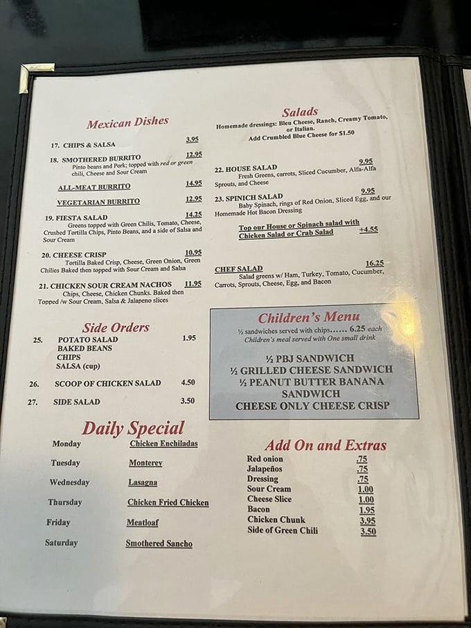 This isn't just a menu, it's a roadmap to happiness. The daily specials rotate with the reliability of the seasons, from Monday's enchiladas to Saturday's smothered sancho.