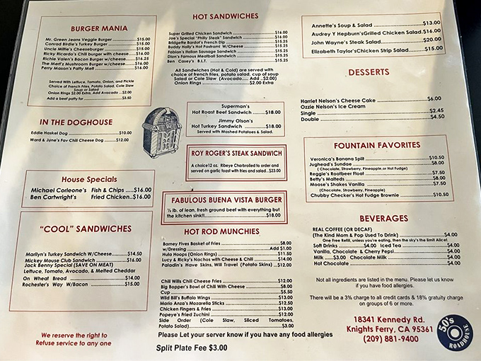 This isn't just a menu&mdash;it's a passport to simpler times. From "Burger Mania" to "Hot Rod Munchies," every dish comes with a side of nostalgia.