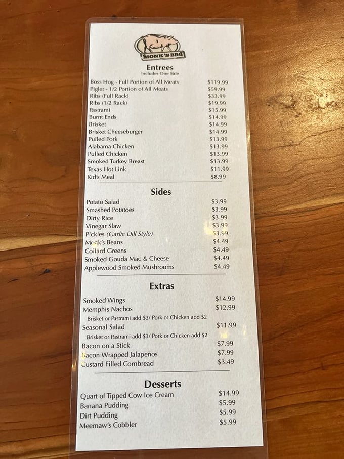 This menu isn't just a list - it's a roadmap to happiness. The "Boss Hog" boldly challenges your appetite, while "Dirt Pudding" whispers sweet promises.