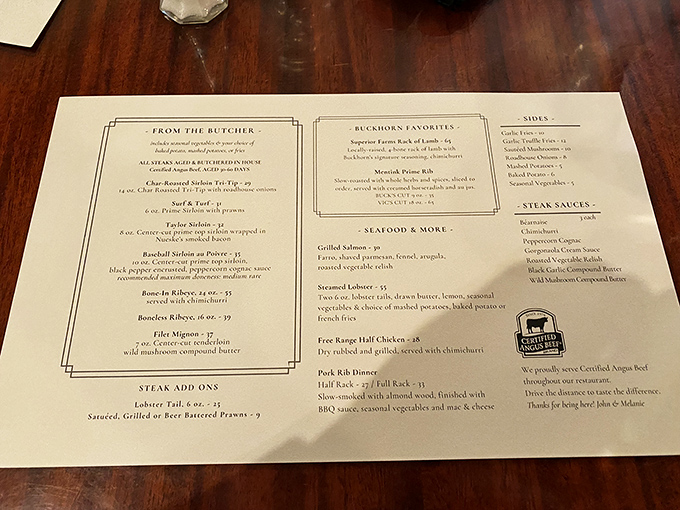 The menu reads like a carnivore's dream journal &ndash; prime cuts, seafood treasures, and sides that refuse to be upstaged.