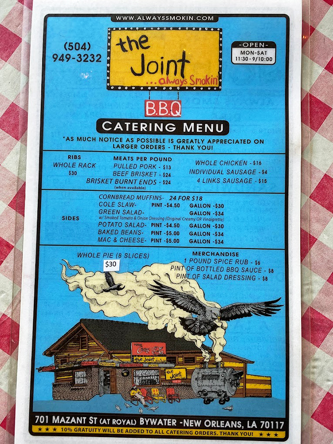 This menu isn't just a list&mdash;it's a treasure map to barbecue nirvana. Those brisket burnt ends at $24/lb might be the best value in the French Quarter's zip code.