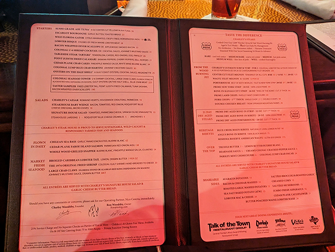 The sacred text of carnivores. Each line on Charley's menu represents a potential life-changing experience, especially in the "From the Wood" section.