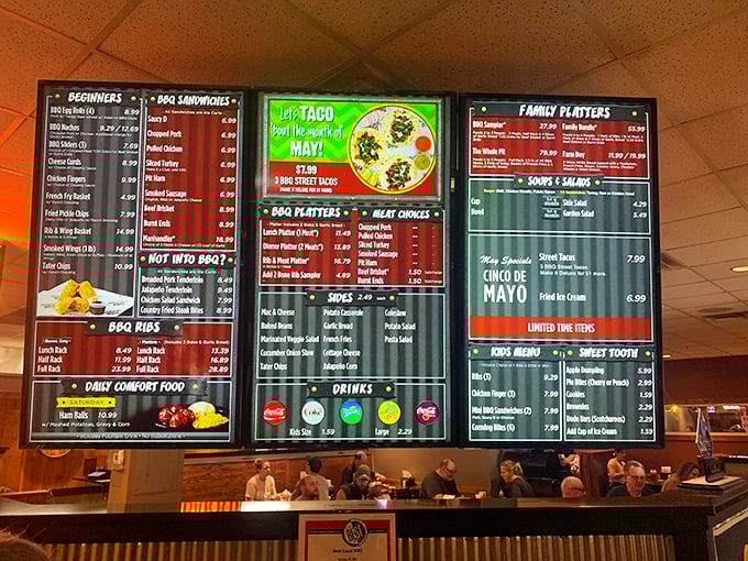 The menu board at Smokey D's doesn't mince words&mdash;it's a roadmap to carnivore heaven with all the classics represented.