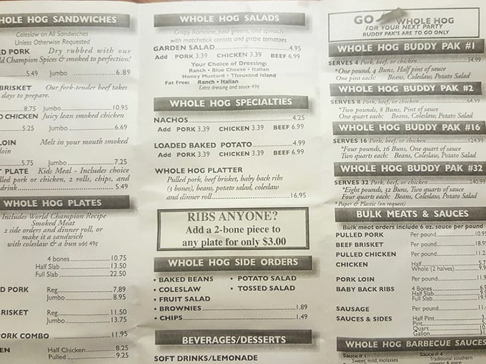 A menu that cuts to the chase: meat options, sides, and combinations that make decision-making both difficult and delightful.