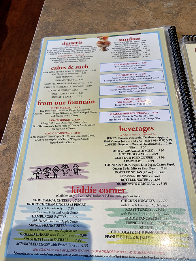 A menu that reads like a love letter to comfort food. From fountain treats to kiddie corner, every generation finds their happy place here.