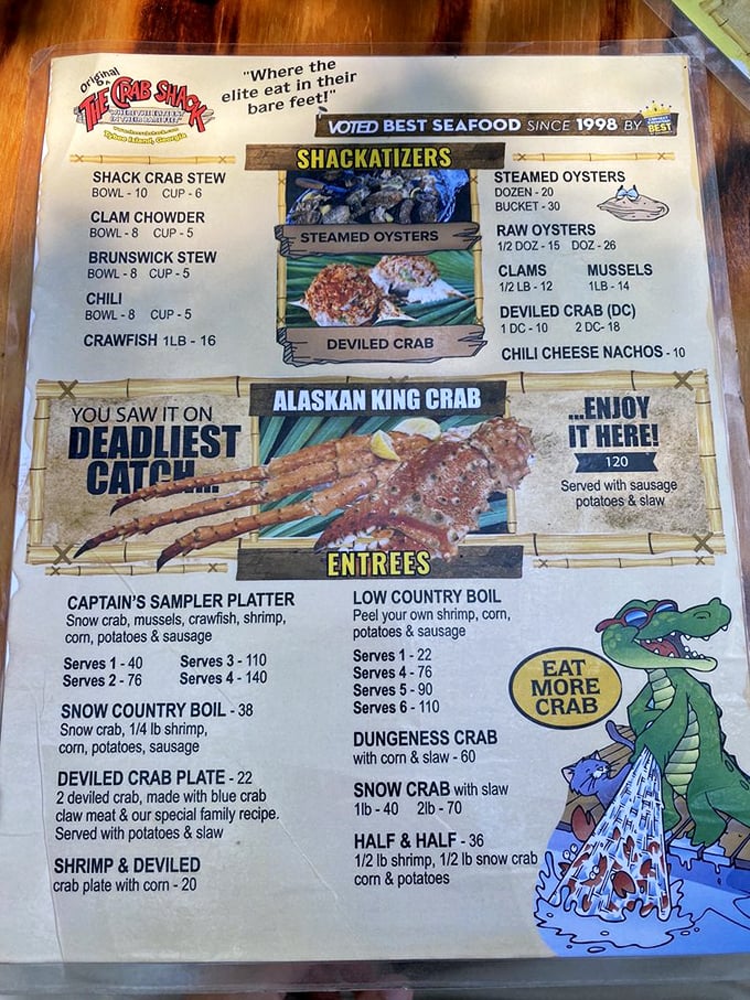 The menu doesn't mince words: "Where the elite eat in their bare feet!" Truth in advertising at its most delicious.