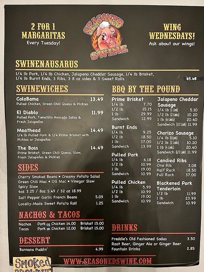 This menu isn't just a list&mdash;it's a roadmap to happiness. The "Swinenausarus" sounds like something that would make Fred Flintstone's car tip over.