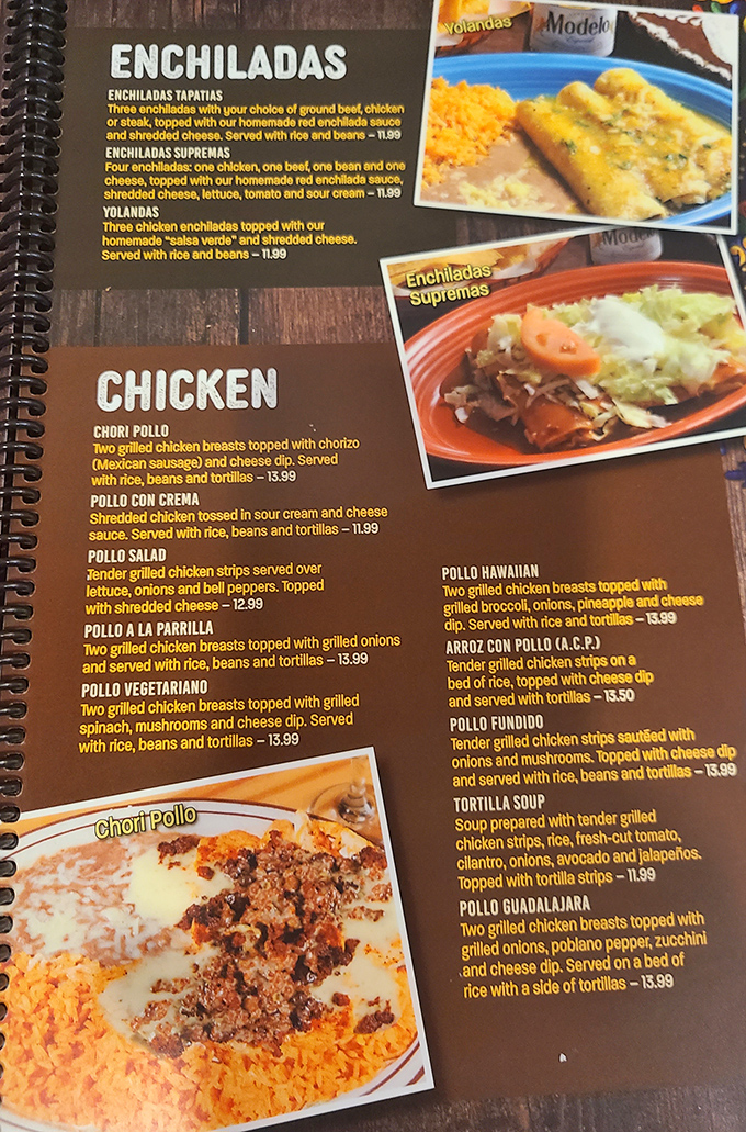 The menu reads like a love letter to Mexican cuisine – each enchilada option more tempting than the last.