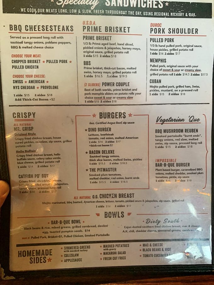 A menu that reads like poetry to meat lovers &ndash; prime brisket, pulled pork, and creative sandwiches that make vegetarians temporarily question their life choices.