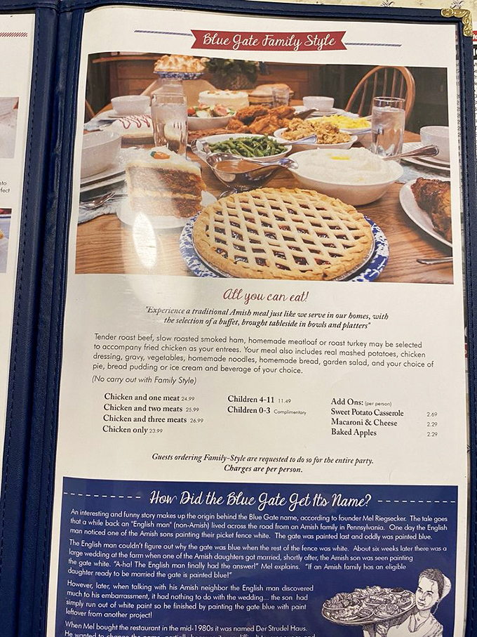 Family Style dining explained on the menu, complete with the charming origin story of how that blue gate got its distinctive color.