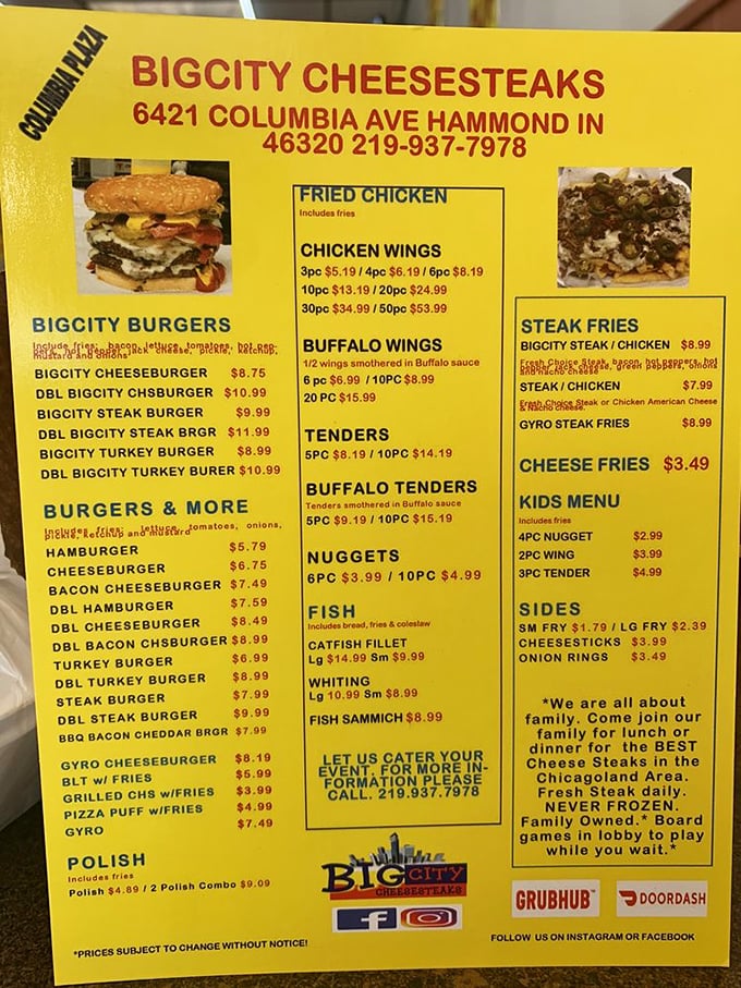 This menu is like a roadmap to happiness. Notice that proud declaration: "Fresh Steak NEVER FROZEN"—words that should be music to any cheesesteak aficionado's ears.