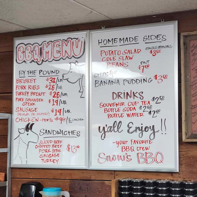 The handwritten menu board tells you everything you need to know about life's priorities &ndash; meat first, sides second, banana pudding non-negotiable.