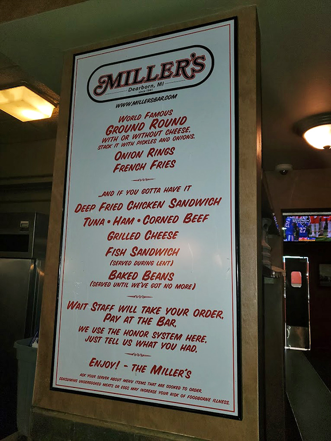 Simplicity is the ultimate sophistication &ndash; Miller's menu board proudly displays their honor system and legendary ground round.