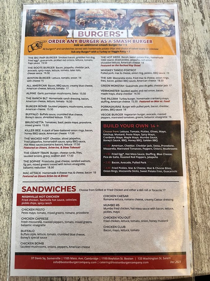 A menu that reads like a love letter to excess, where burgers get the star treatment and calories dare not be counted.