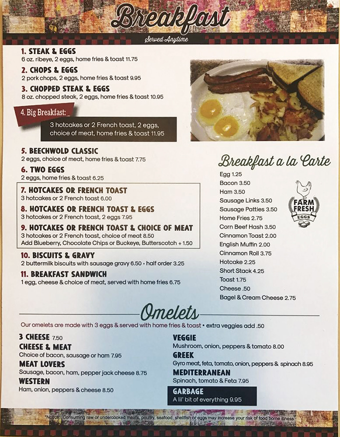 This menu isn't trying to reinvent breakfast&mdash;it's perfecting it. From three-egg omelets to the aptly named "Garbage" option, decisions have never been so deliciously difficult.