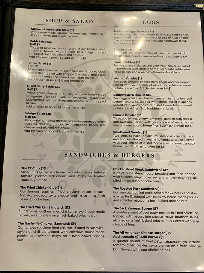 This menu isn't just a list of food—it's a roadmap to happiness. Notice how they casually mention "famous southern fried chicken" like it's no big deal.