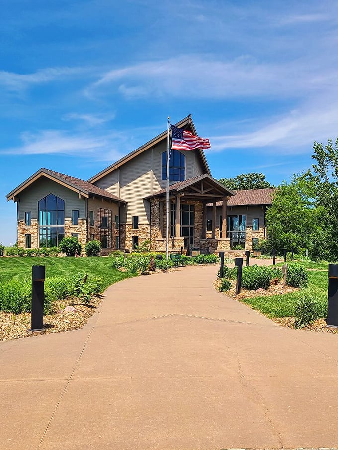The Lewis and Clark Visitor Center stands proudly against Nebraska's big sky, a modern tribute to two guys who definitely earned their frequent paddler miles.