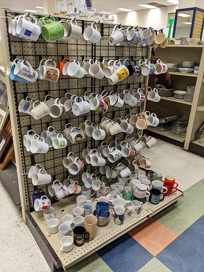 The mug wall: where coffee vessels of past lives gather to find new homes. Each one tells a story—some more caffeinated than others.