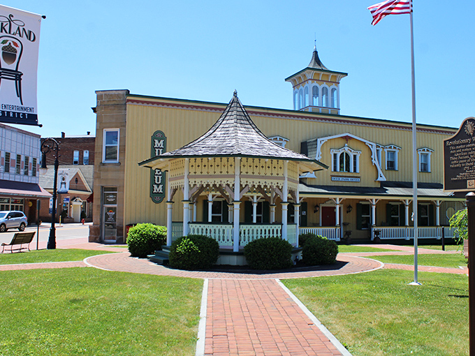 The Oakland B&O Railroad Museum stands proudly with its Victorian gazebo, a time capsule of when travel was an event, not just transportation.